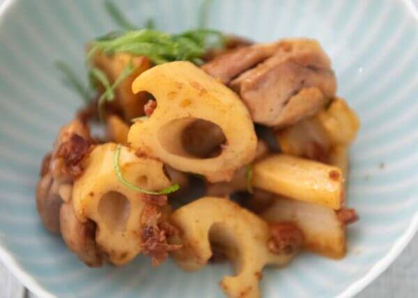 Sautéed Lotus Roots and Chicken with Pickled Plum and Bonito Flakes ...